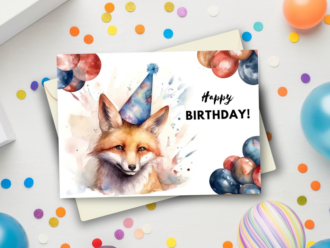 Fox Birthday Card With Party Hat, Happy Birthday, Woodland Animal Gift ...