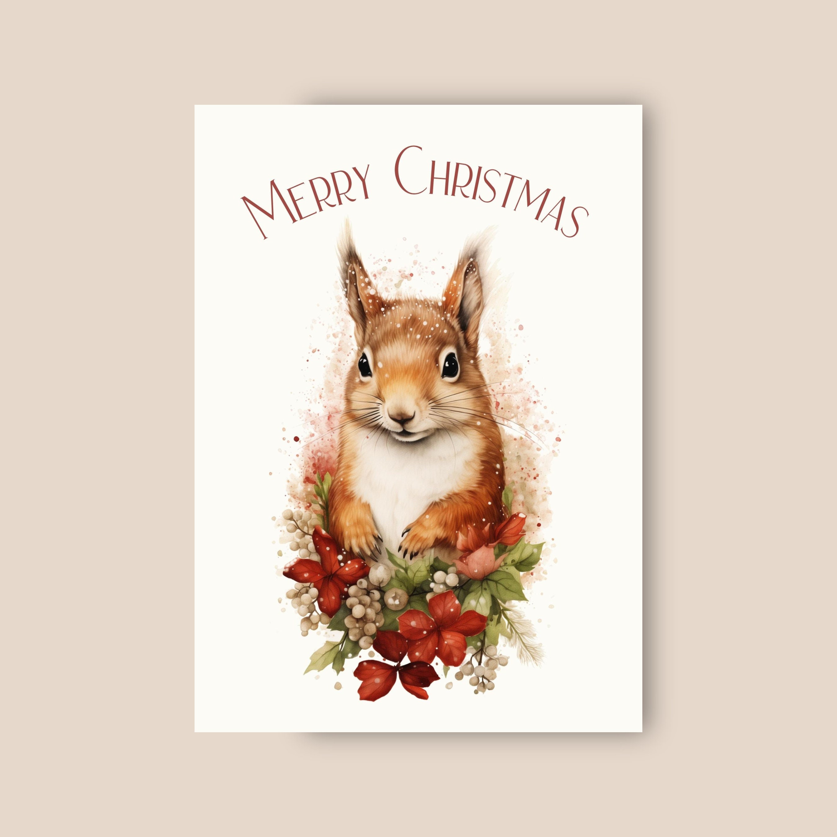Squirrel Christmas Card Santa Hat and Red Poinsettia Wreath - Etsy