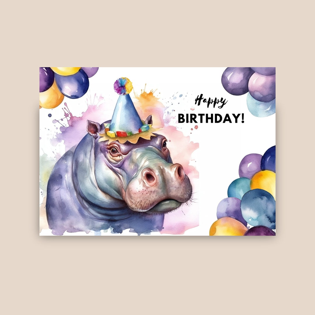 Hippo Birthday Card, Party Hat, Happy Birthday, Hippopotamus Gift, Cute ...