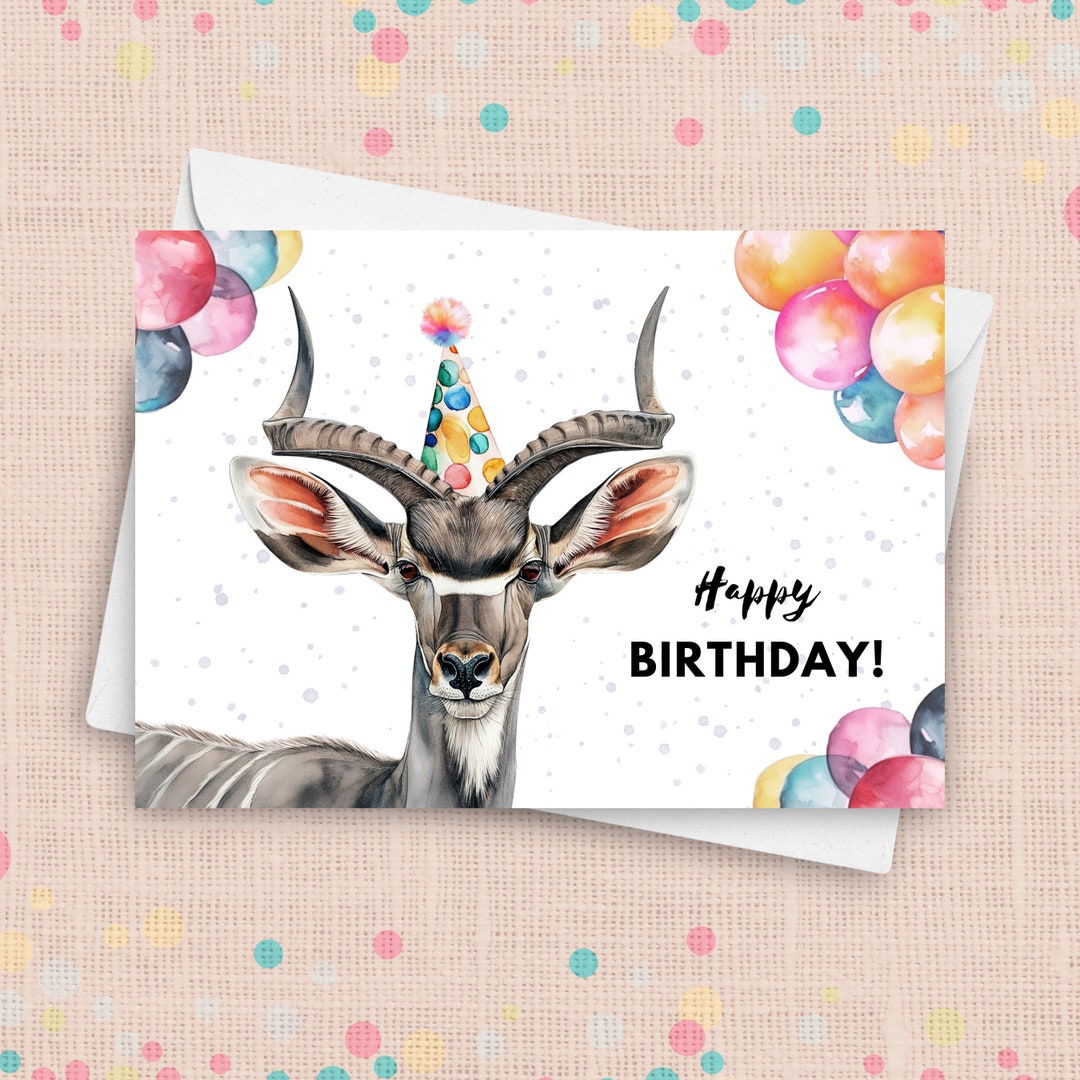 Antelope Birthday Card, Happy Birthday Party Hat and Balloons, Antelope ...