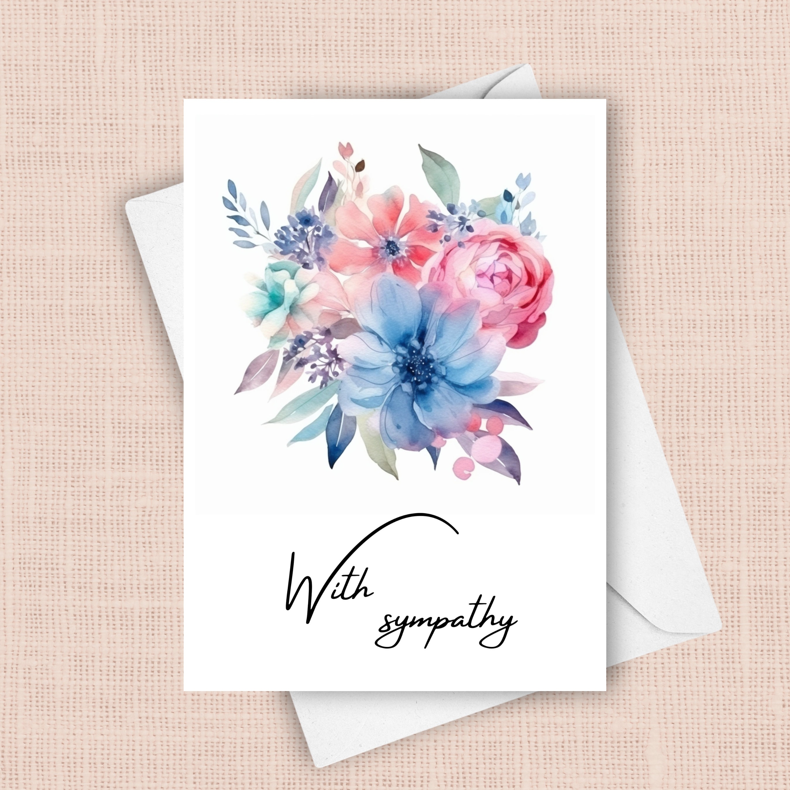 Sympathy Card, Condolences Card With Blue and Pink Watercolor Flowers ...