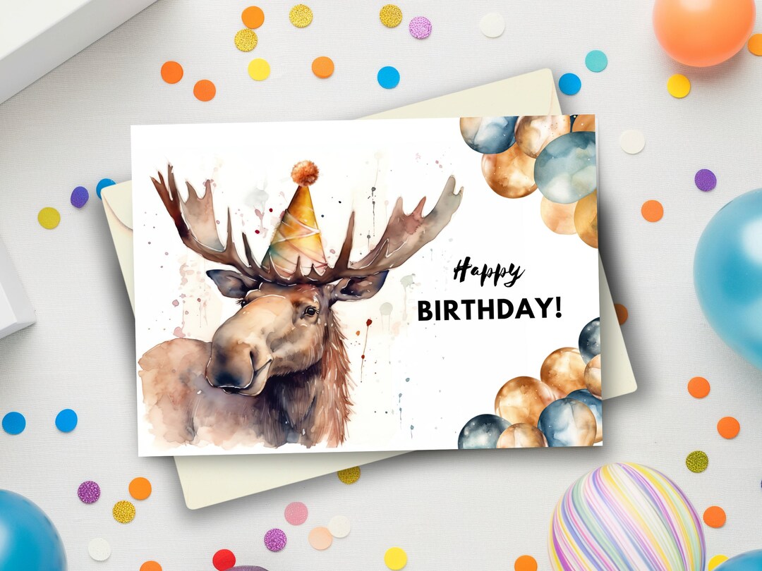 Moose Birthday Card With Party Hat, Happy Birthday, Moose Gift ...