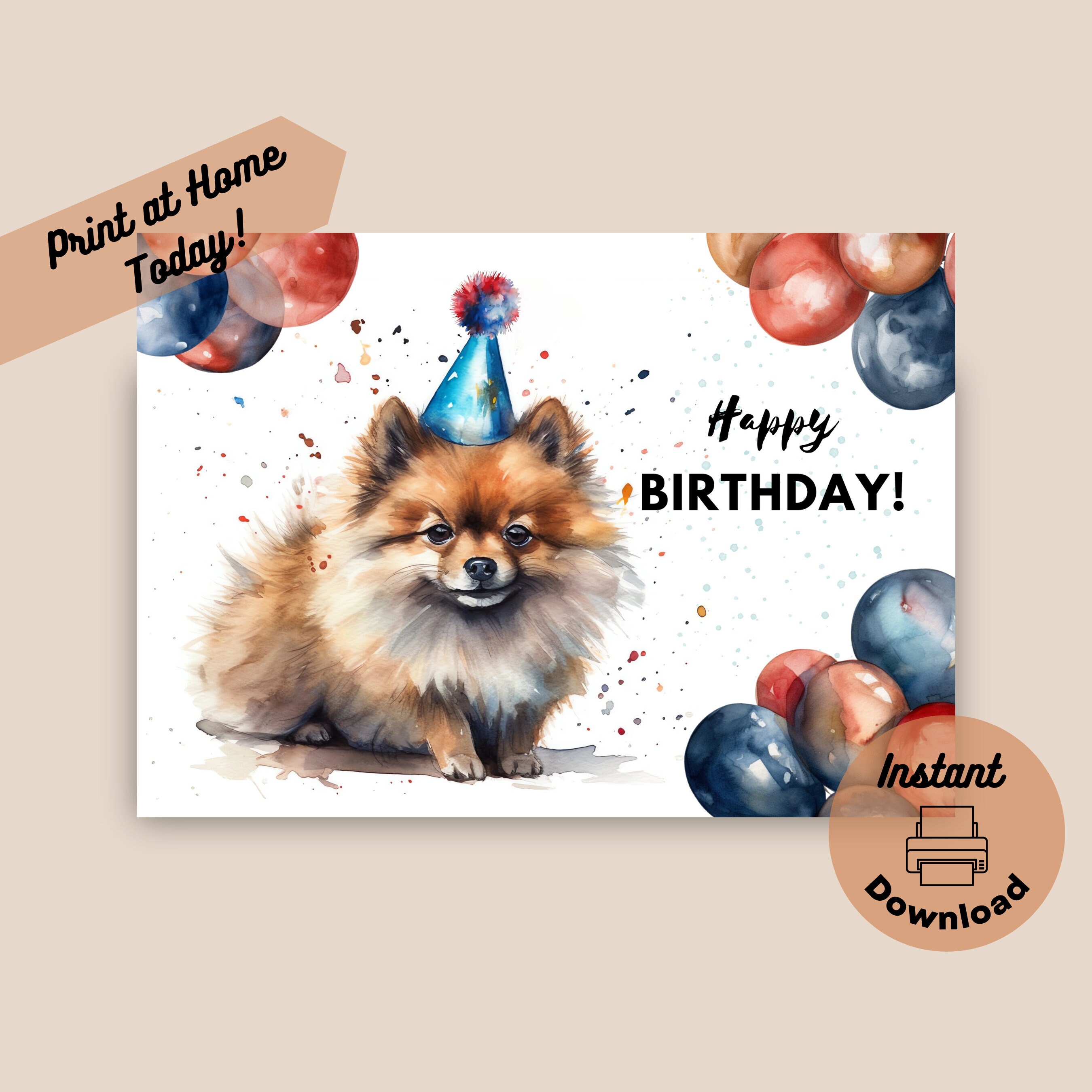 Printable Pomeranian Birthday Card, Instant Download, Print at Home ...