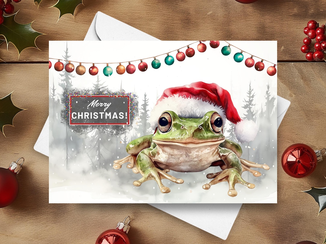 Frog Christmas Card, Merry Christmas Frog Wearing A Santa Hat in A ...