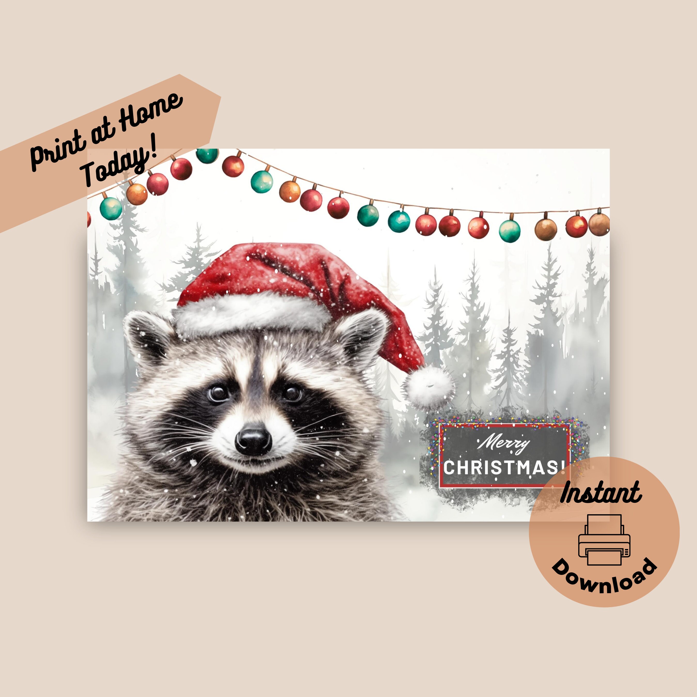 Printable Raccoon Christmas Card, Instant Digital Download Print at ...