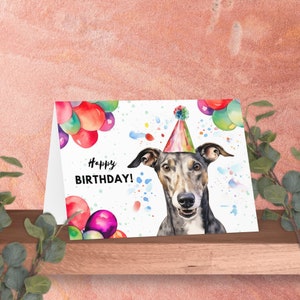 Greyhound Birthday Card, Happy Birthday Party Hat and Balloons ...