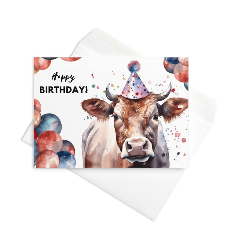Cow Birthday Card Wearing Party Hat and Balloons, Farm Birthday Themed ...