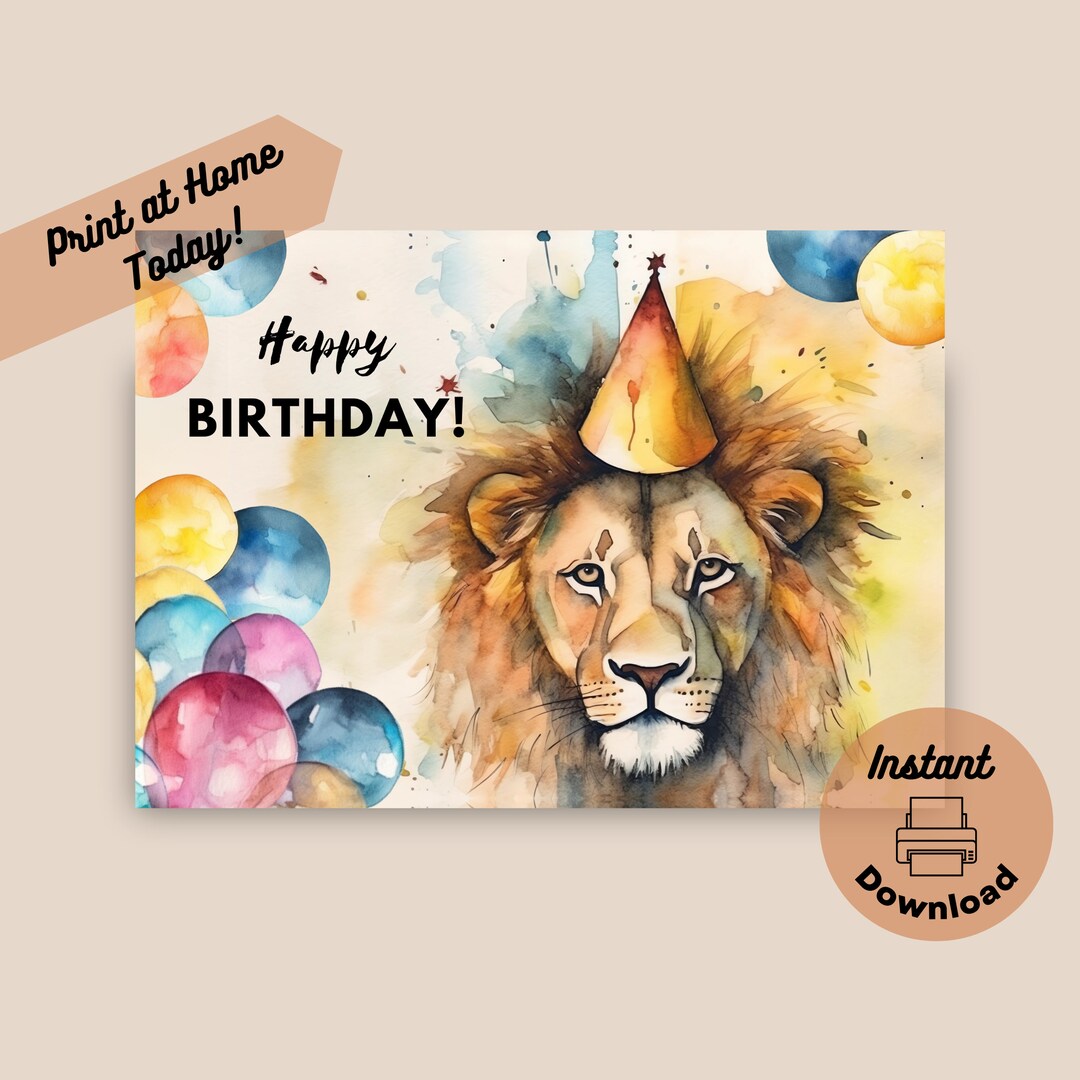 Printable Lion Birthday Card Instant Digital Download Print - Etsy