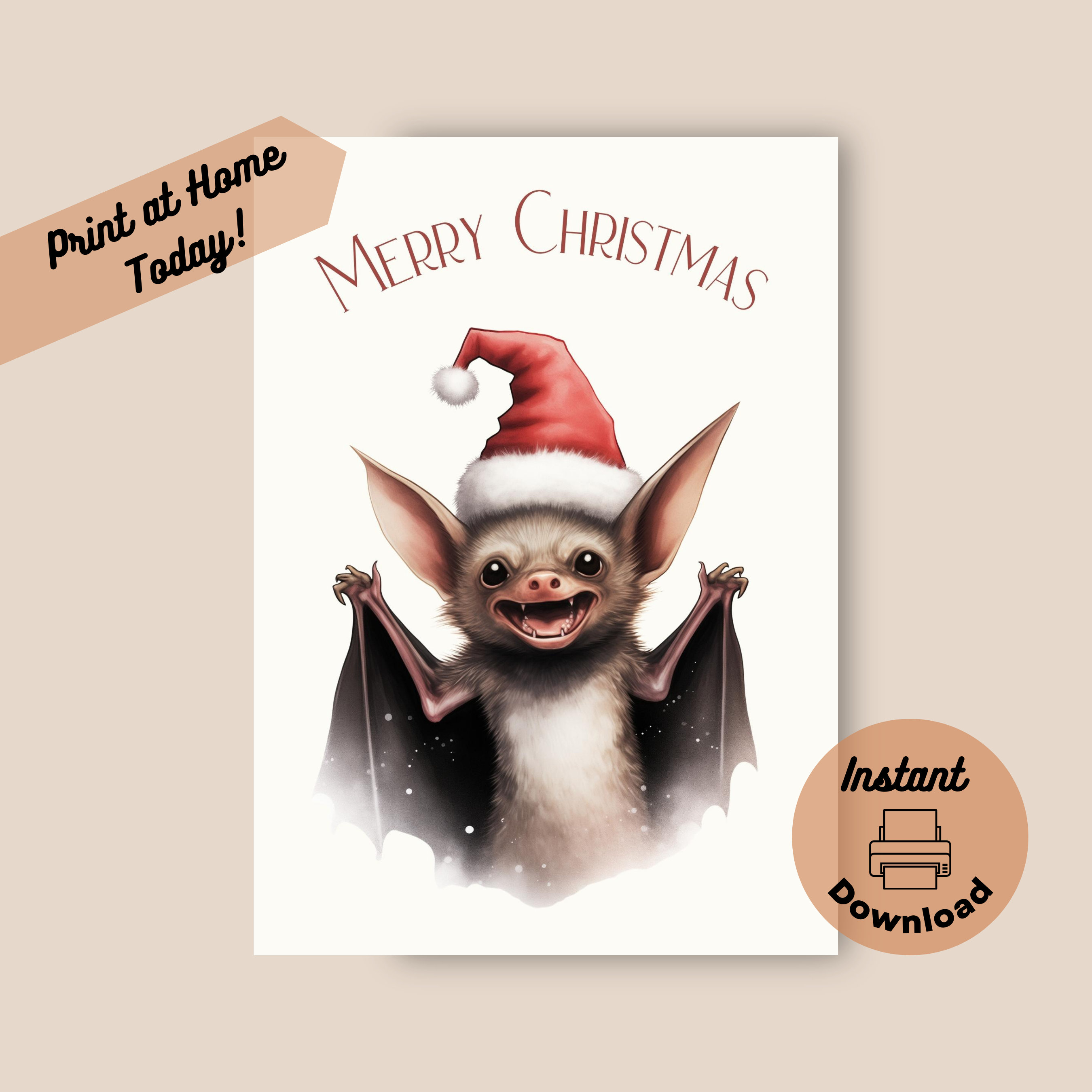 Printable Bat Christmas Card, Instant Digital Download Print at Home ...