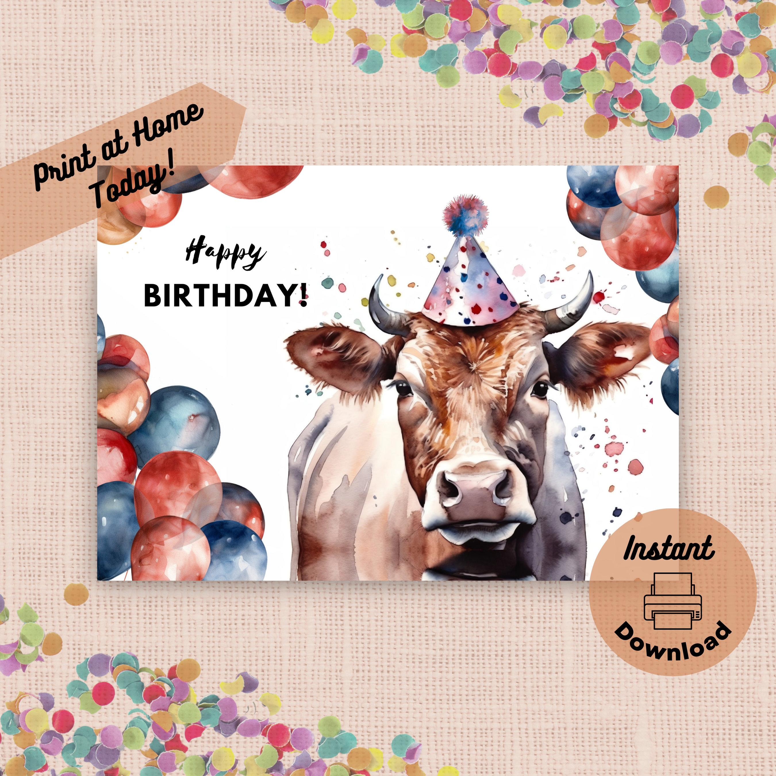 Printable Cow Birthday Card, Instant Digital Download Print at Home ...