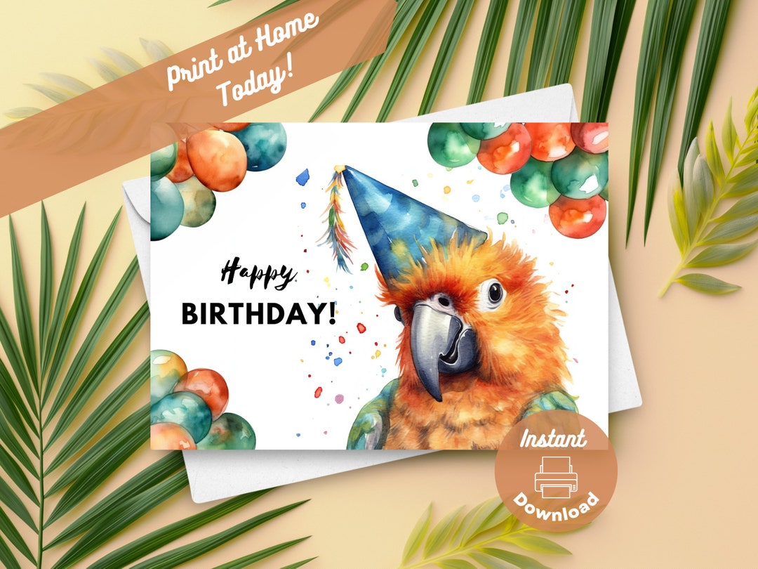 Printable Parrot Birthday Card, Instant Download, Print at Home Card ...