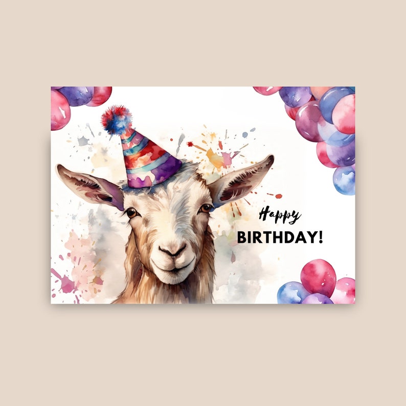 Goat Birthday Card Wearing Party Hat and Balloons, Farm Birthday Themed ...