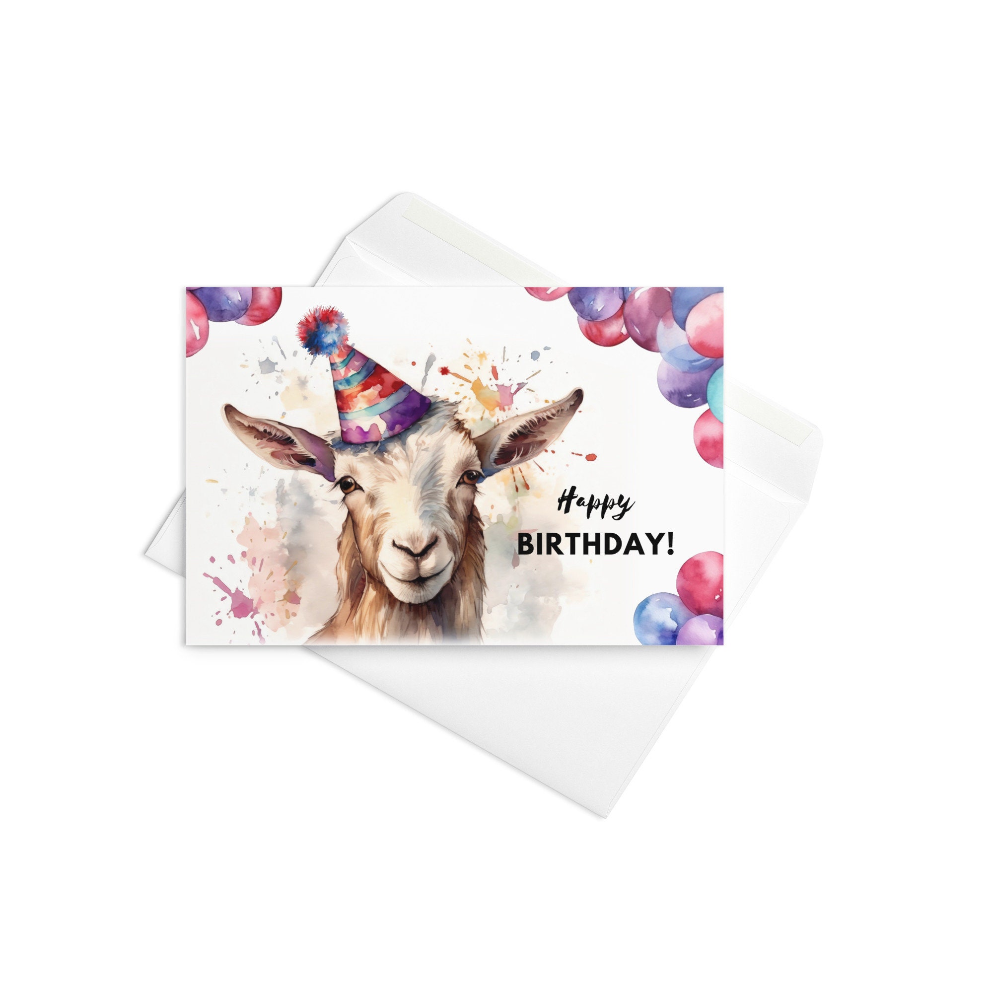 Goat Birthday Card Wearing Party Hat and Balloons, Farm Birthday Themed ...
