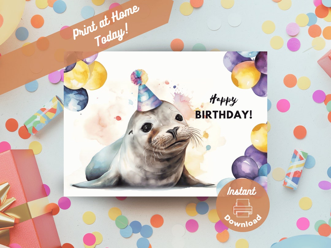 Printable Seal Birthday Card, Instant Download, Print at Home Card ...