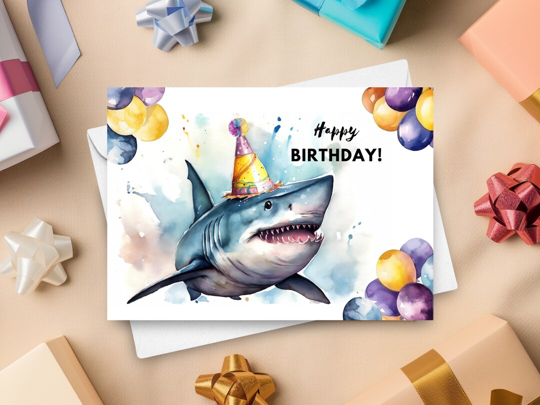 Shark Birthday Card, Party Hat, Happy Birthday, Great White Shark Gift ...