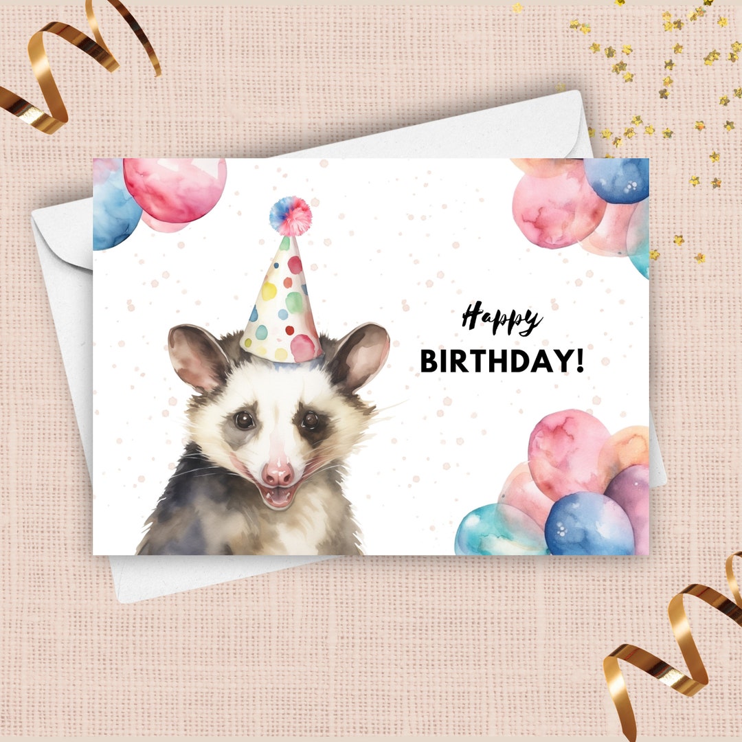 Opossum Birthday Card, Happy Birthday Party Hat Greeting, Wildlife Gift ...
