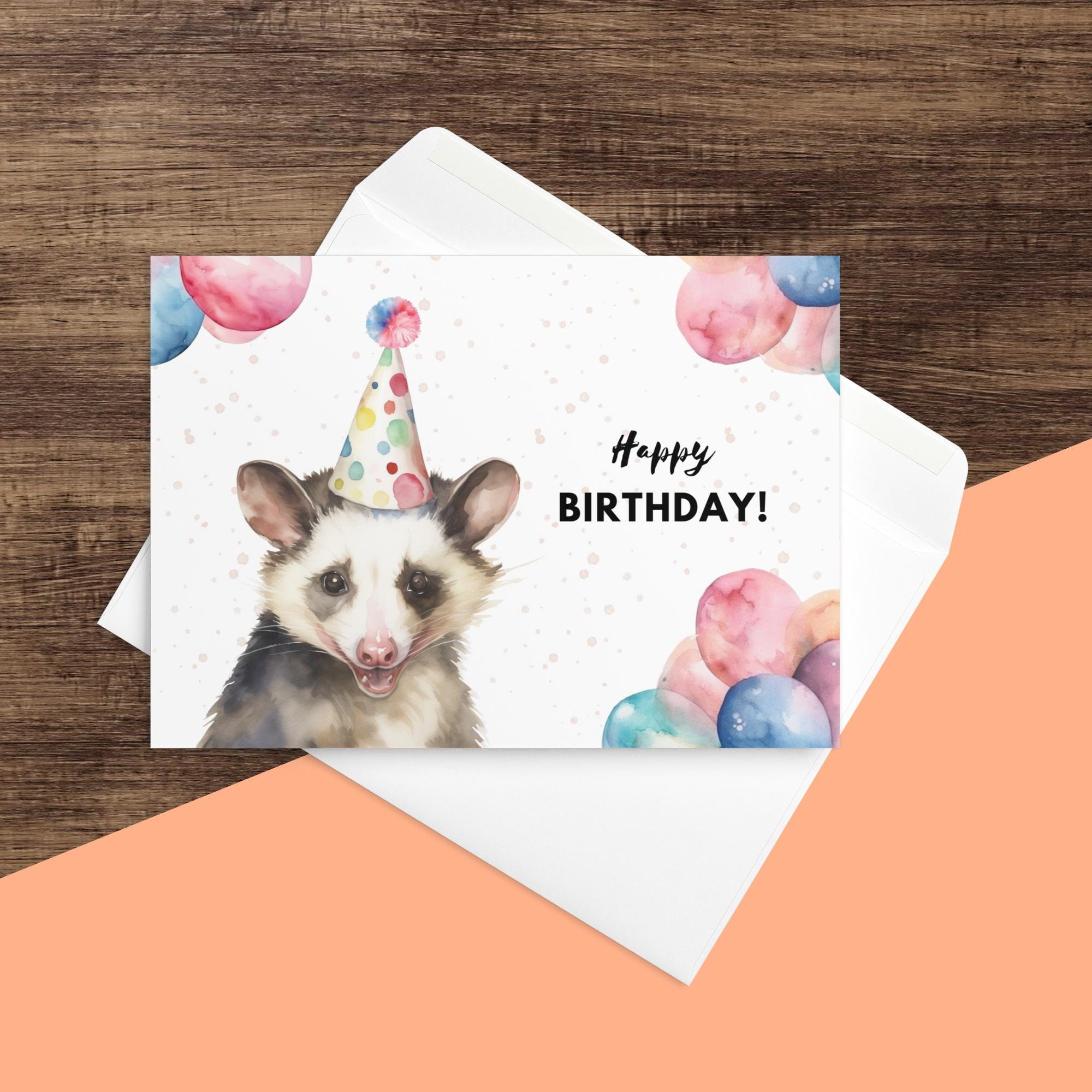 Opossum Birthday Card, Happy Birthday Party Hat Greeting, Wildlife Gift ...