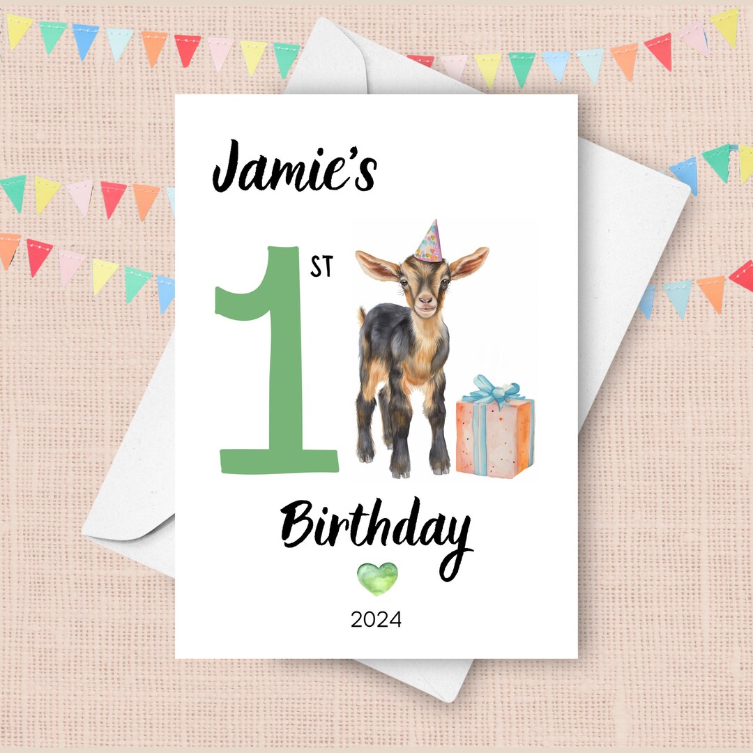 Goat First Birthday Card, One Year Old Present, Cute Goat Kid ...