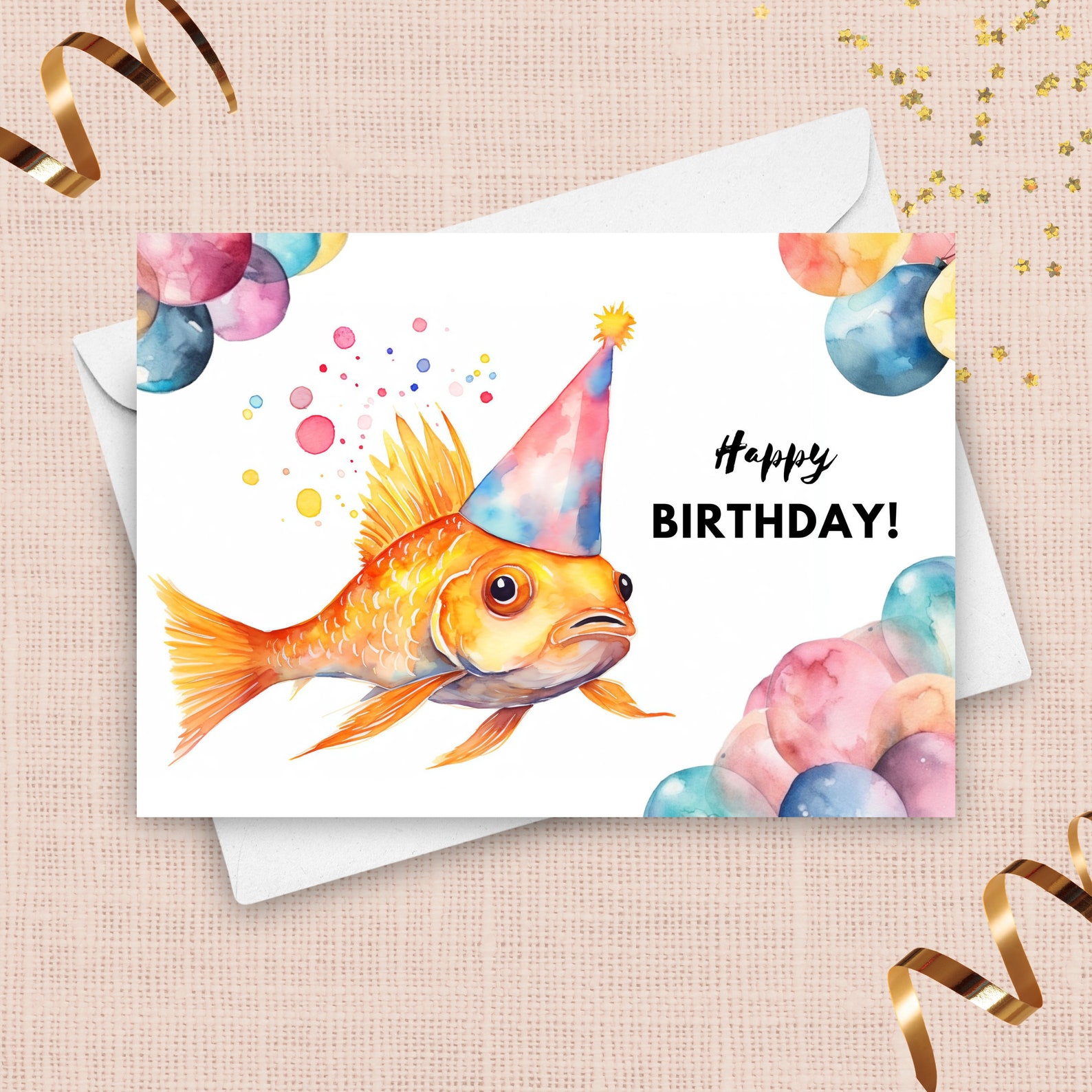 Koi Fish Birthday Card, Happy Birthday Party Hat and Balloons, Koi Fish ...