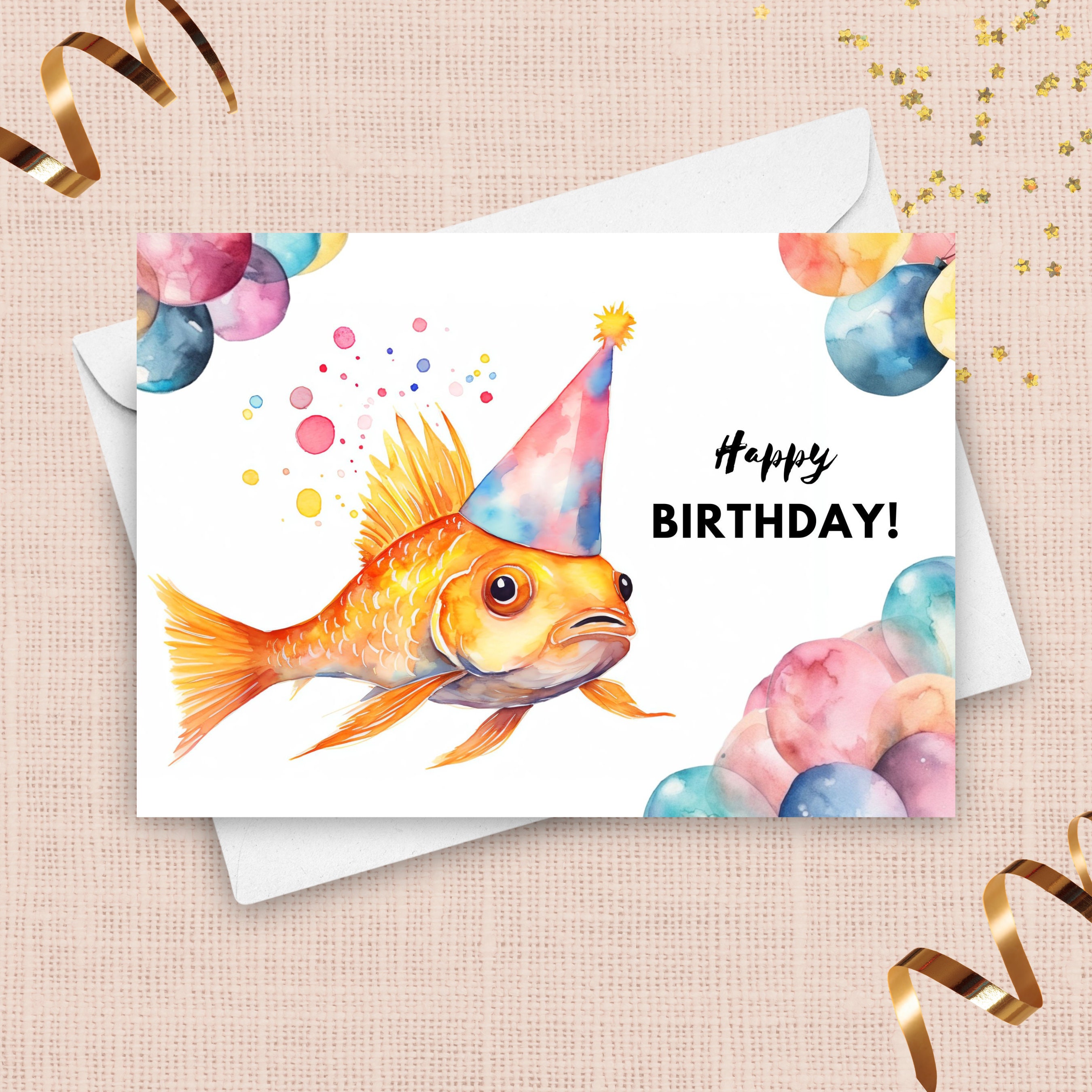 Koi Fish Birthday Card, Happy Birthday Party Hat and Balloons, Koi Fish ...