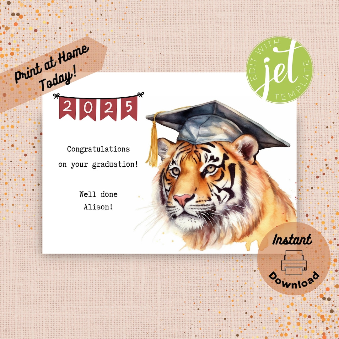 Printable Personalized Tiger Graduation Card, Print at Home Editable ...