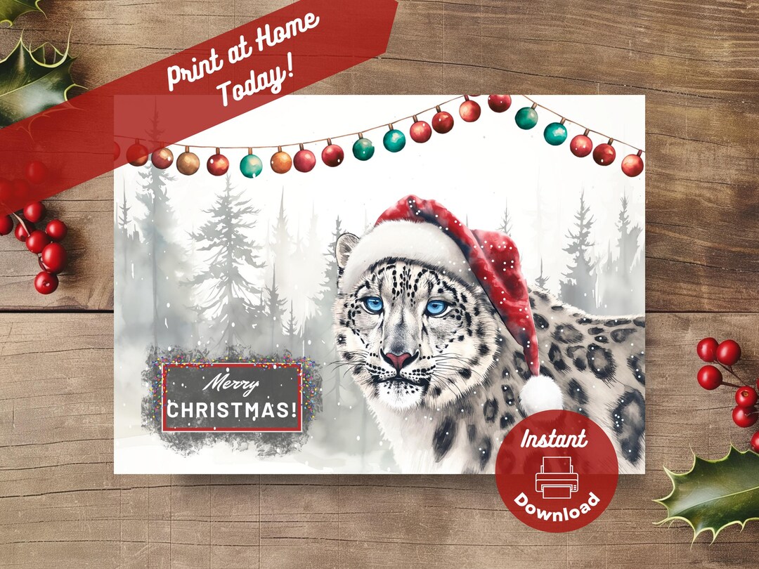 Printable Snow Leopard Christmas Card, Instant Digital Download Print ...