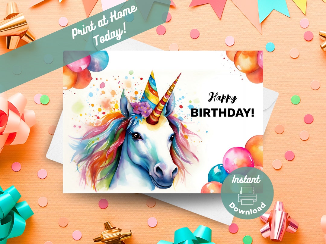 Printable Unicorn Birthday Card, Instant Download, Print at Home ...