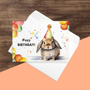 Rabbit Birthday Card, Happy Birthday Party Hat and Balloons, Mini Lop ...