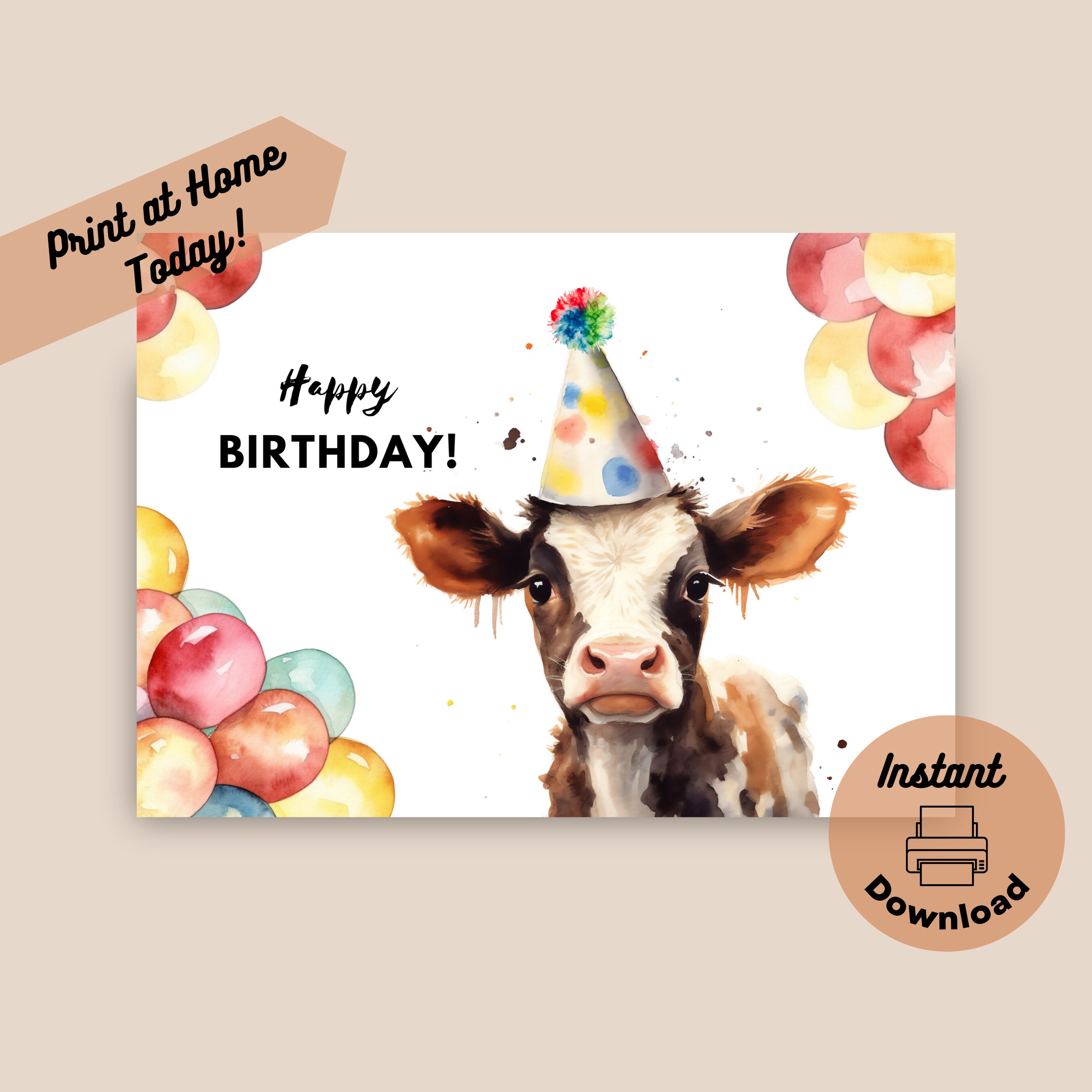 Printable Baby Cow Birthday Card, Instant Digital Download Print at ...