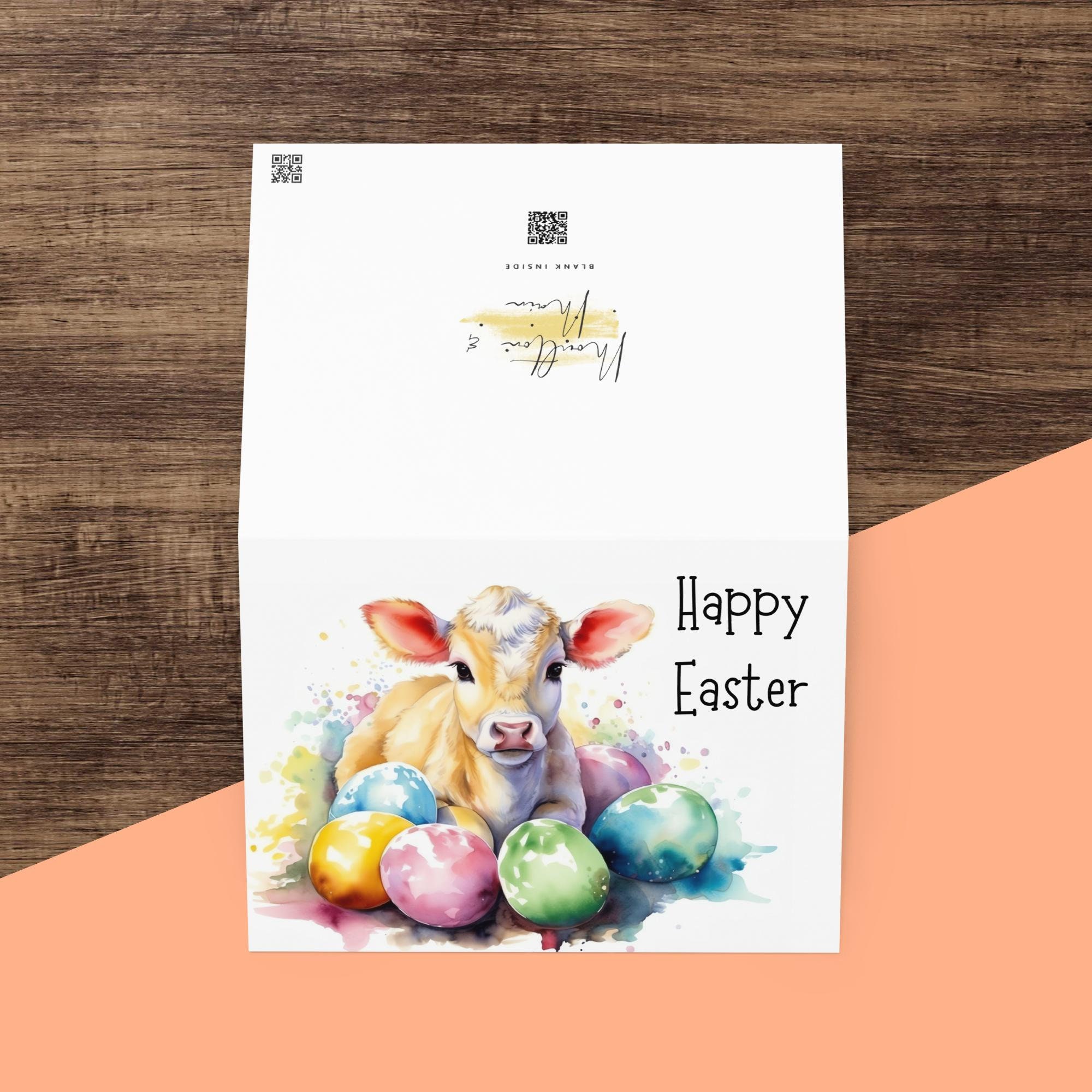 Cute Baby Cow Calf Happy Easter Card, Easter Eggs, Watercolor Painting ...