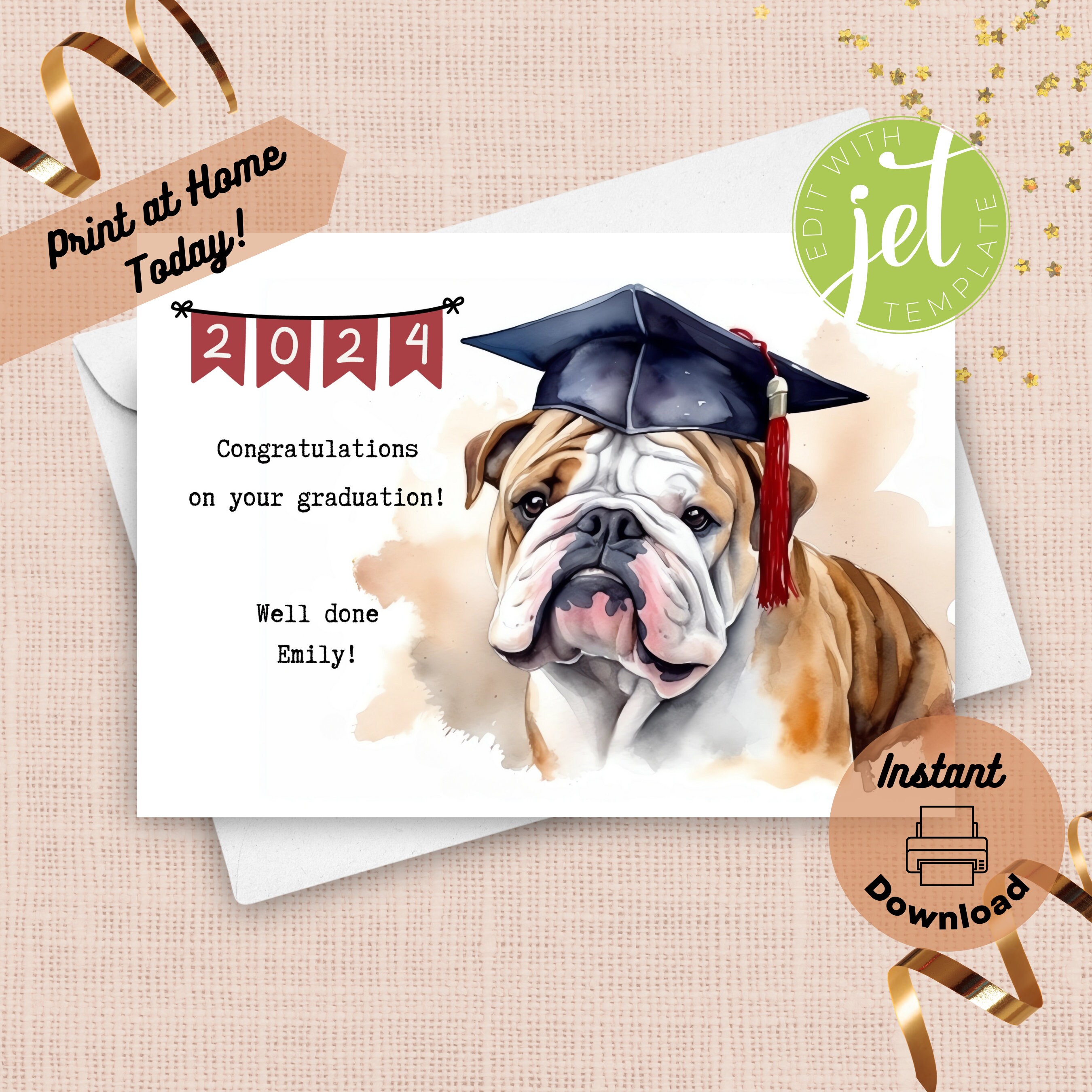 Printable Personalized Bulldog Graduation Card, Print at Home Editable ...