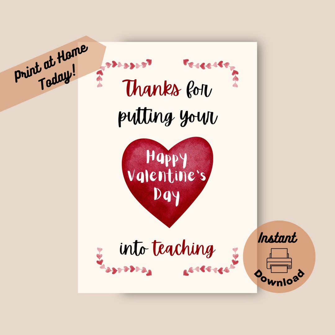 Printable Teacher Valentine Card, Instant Download, Print at Home Card ...