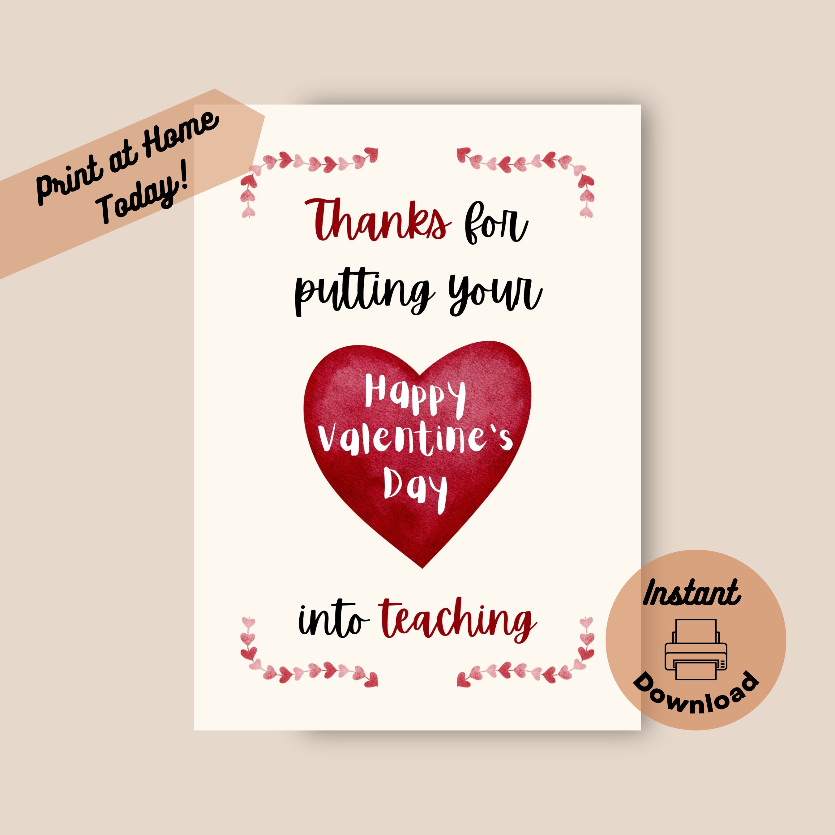 Printable Teacher Valentine Card, Instant Download, Print at Home Card ...