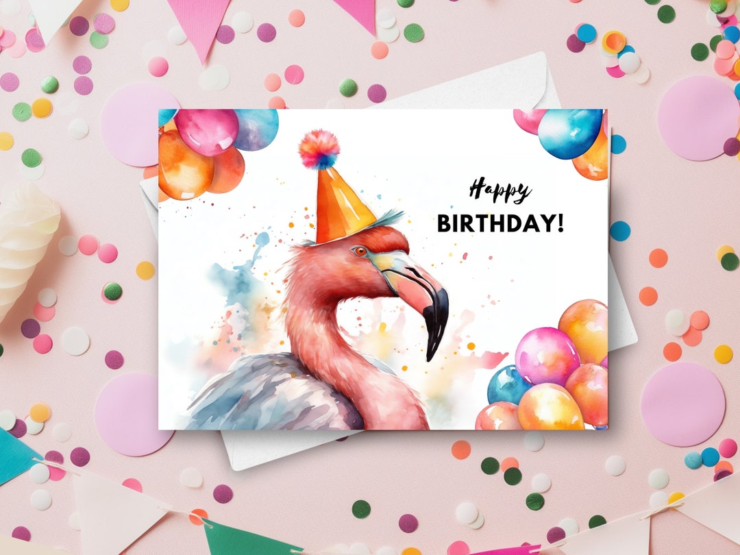 Flamingo Birthday Card, Happy Birthday Party Hat, Tropical Bird Gift ...