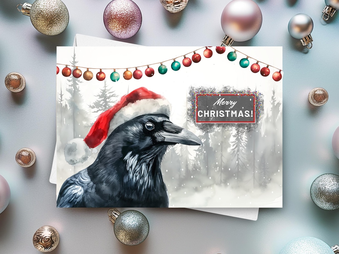 Crow Christmas Card, Merry Christmas Black Bird Wearing A Santa Hat in ...
