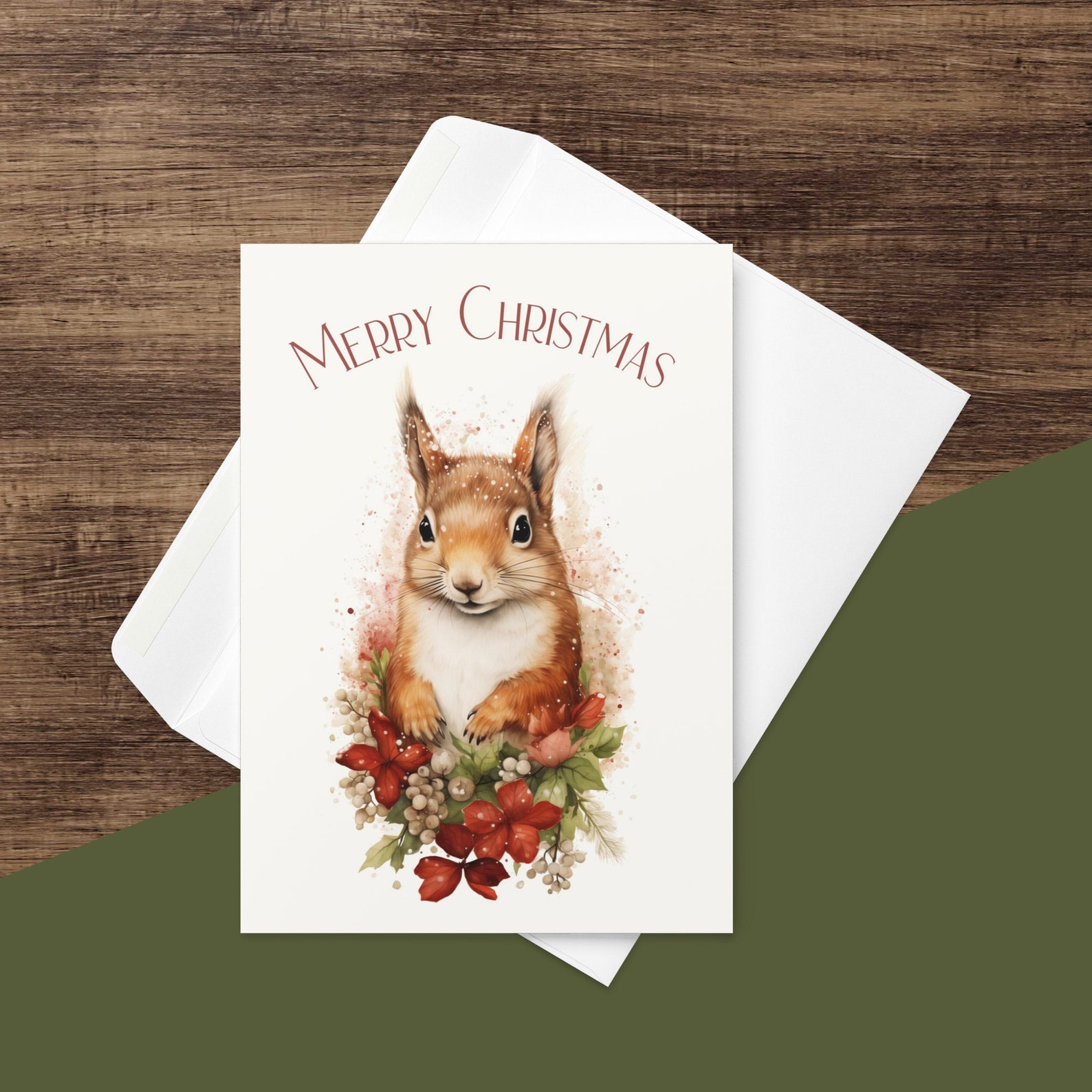 Squirrel Christmas Card Santa Hat and Red Poinsettia Wreath - Etsy