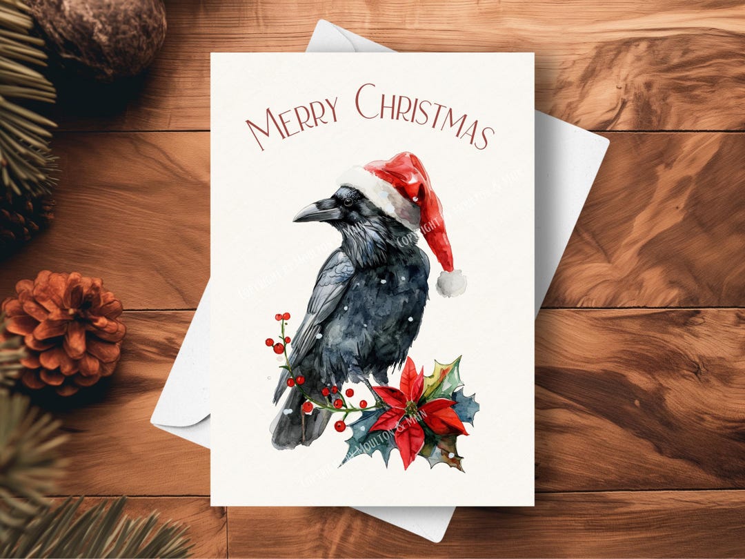 Raven Christmas Card, Wearing A Santa Hat and Red Poinsettia Garland ...