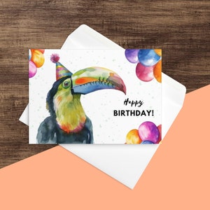 Toucan Birthday Card, Happy Birthday Party Hat Greeting, Tropical Bird ...