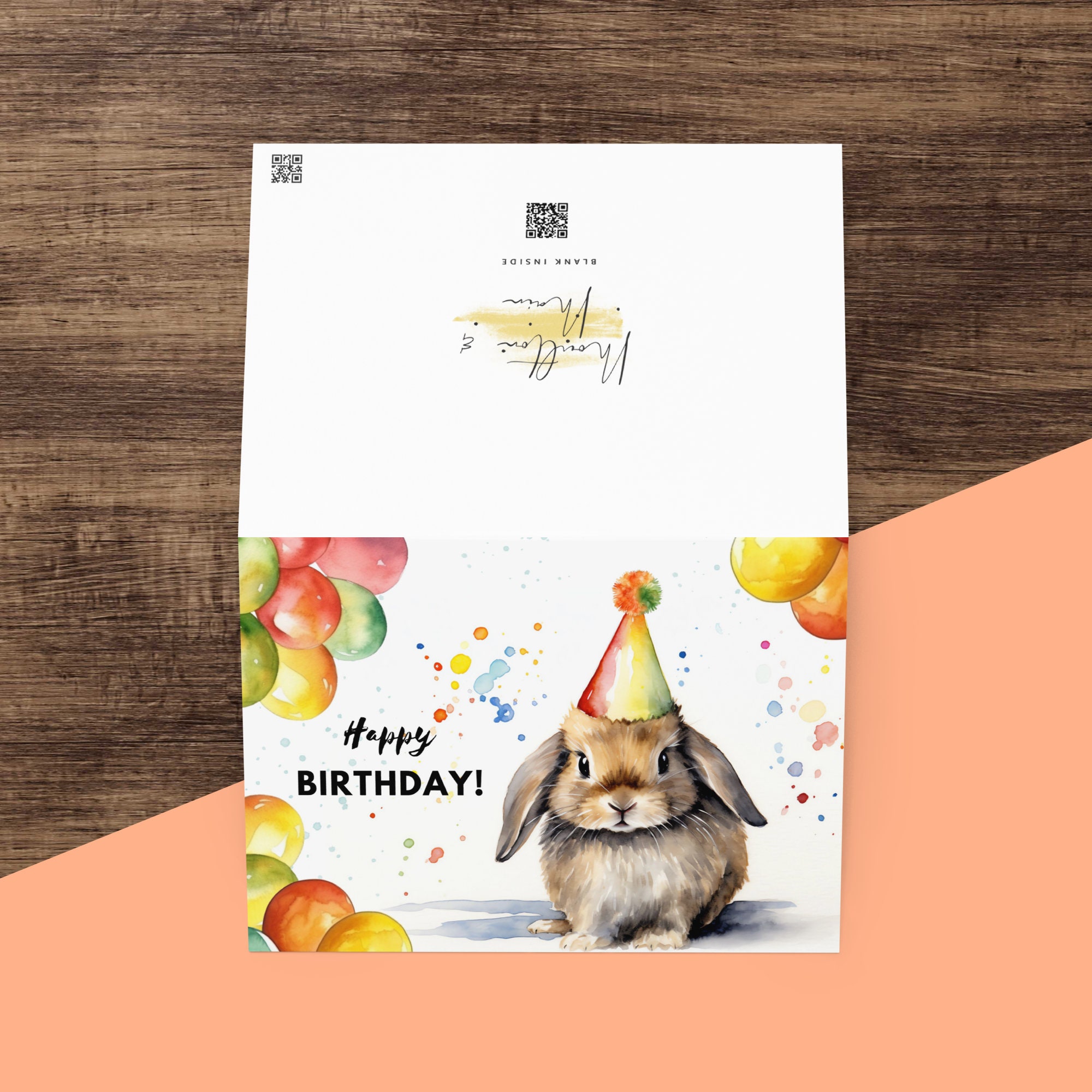 Rabbit Birthday Card, Happy Birthday Party Hat and Balloons, Mini Lop ...