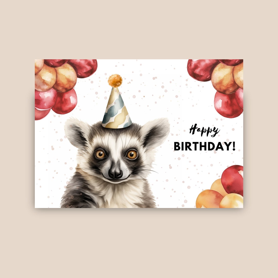 Lemur Birthday Card, Happy Birthday Party Hat and Balloons, Ring Tailed Lemur Gifts, Primate Zoo ...
