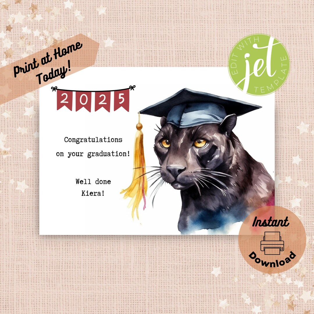 Printable Personalized Panther Graduation Card, Print at Home Editable ...