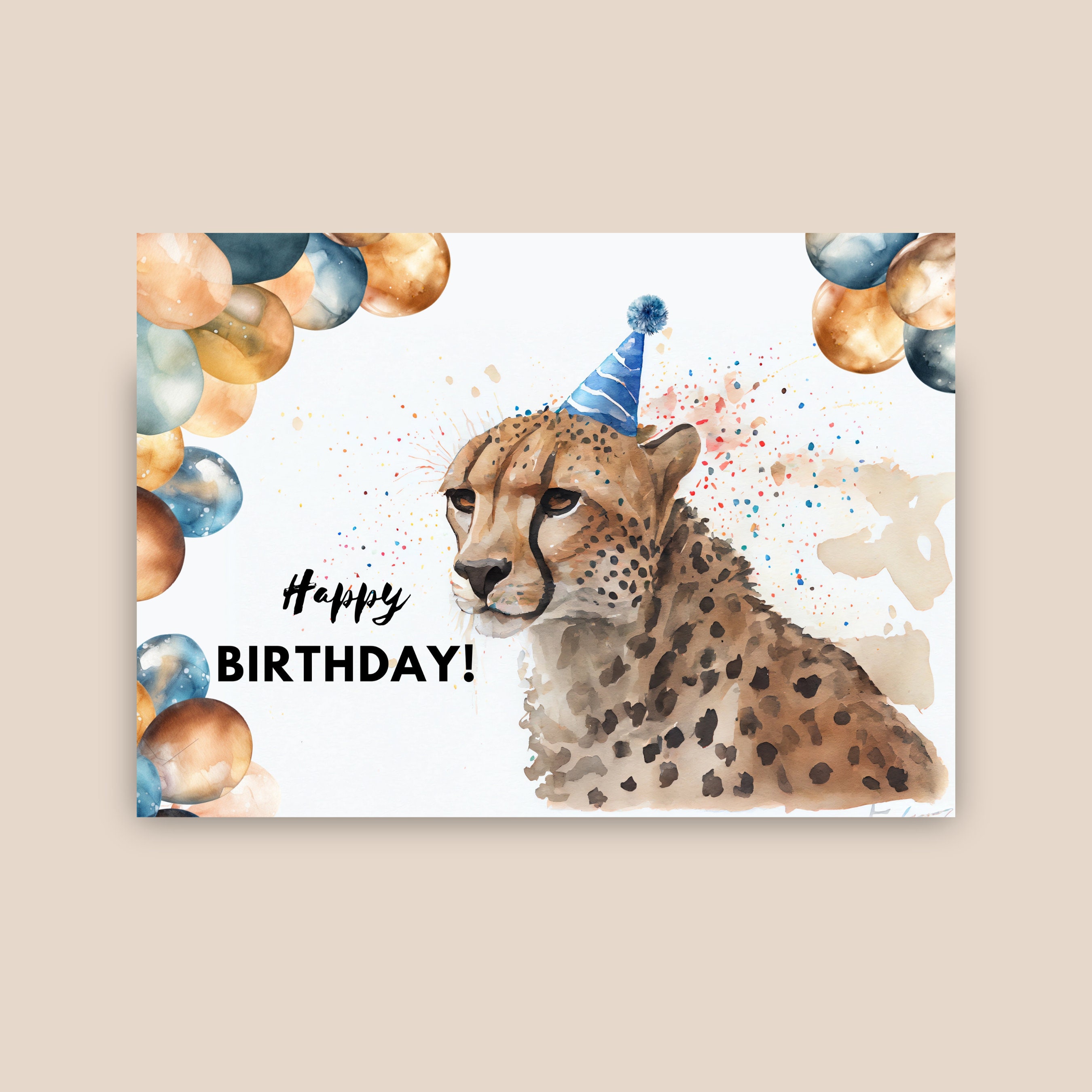 Cheetah Birthday Card With Party Hat Happy Birthday Big Cat - Etsy
