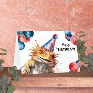 Bearded Dragon Birthday Card, Birthday Party Hat and Balloons, Bearded ...