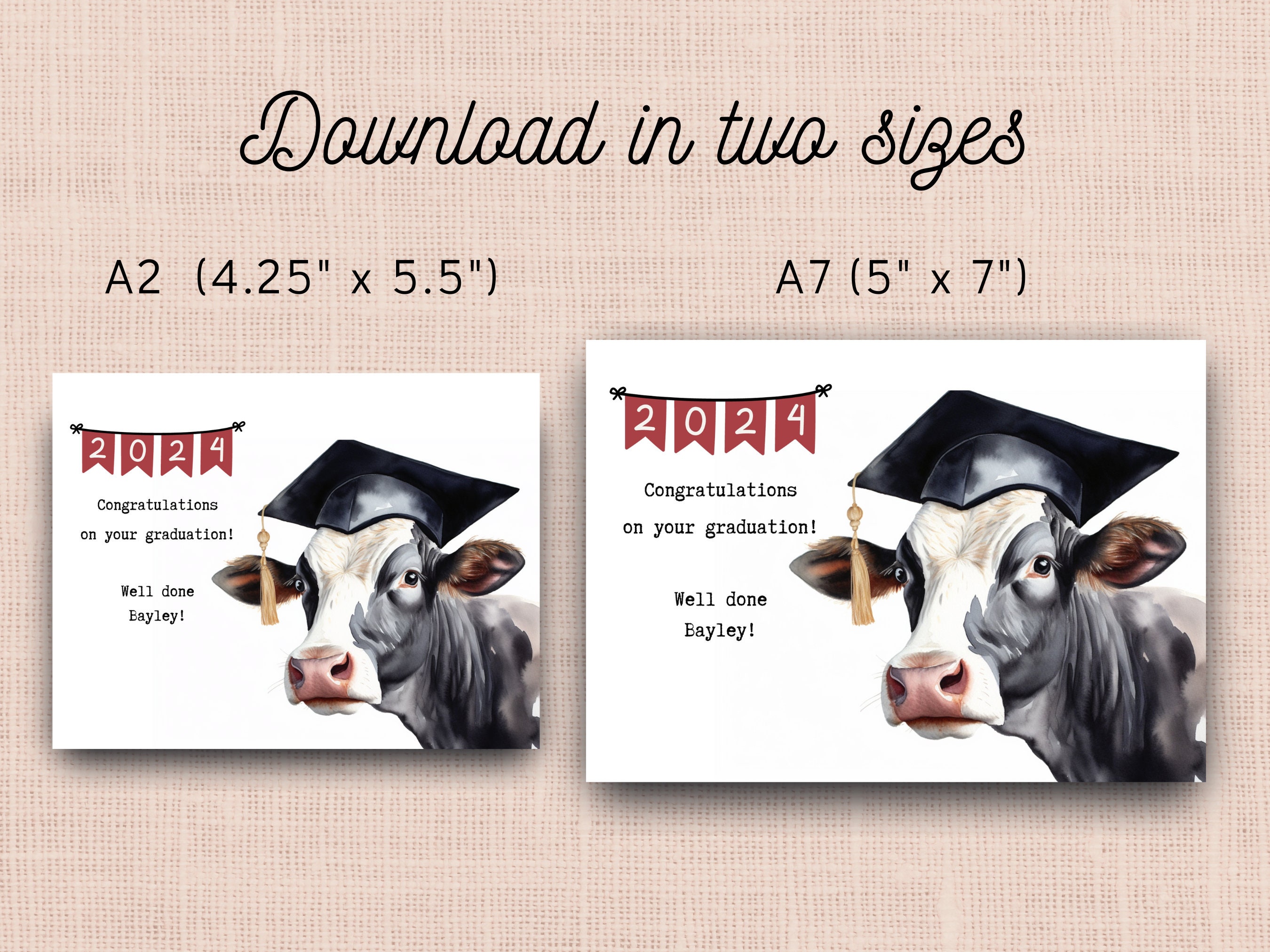 Printable Personalized Cow Graduation Card, Print at Home Editable ...