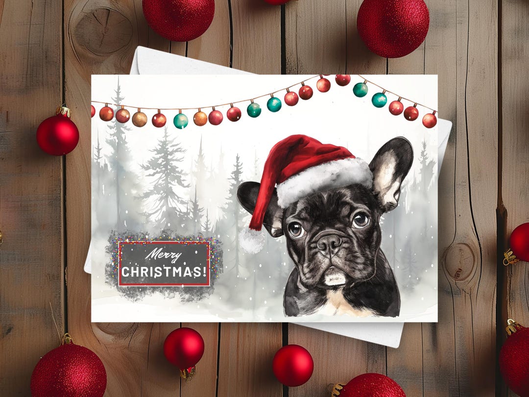 French Bulldog Christmas Card, Merry Christmas Black Frenchie Wearing ...