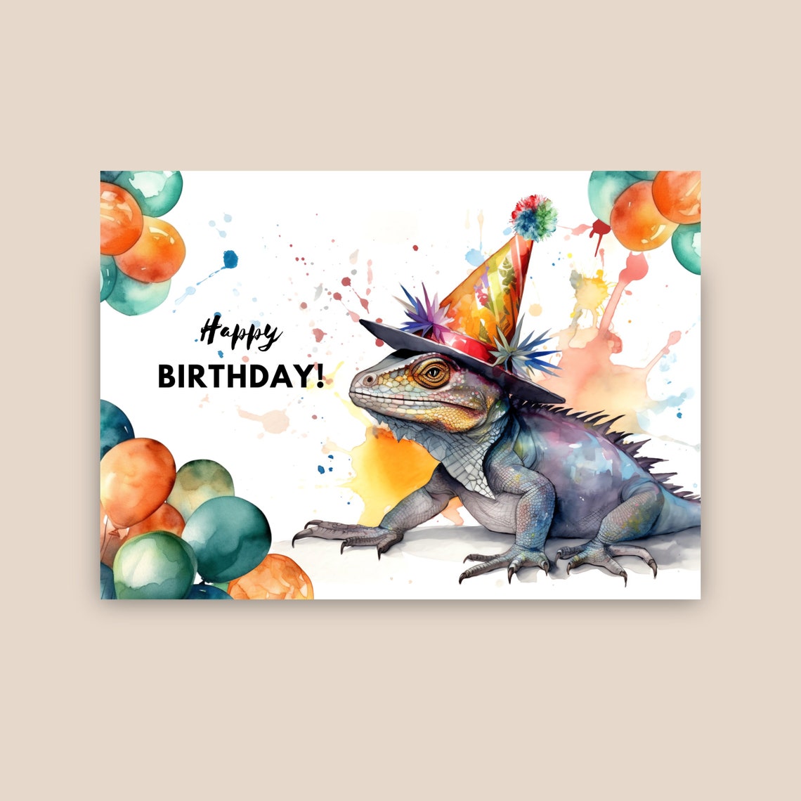 Iguana Birthday Card With Party Hat, Happy Birthday, Colorful Lizard ...