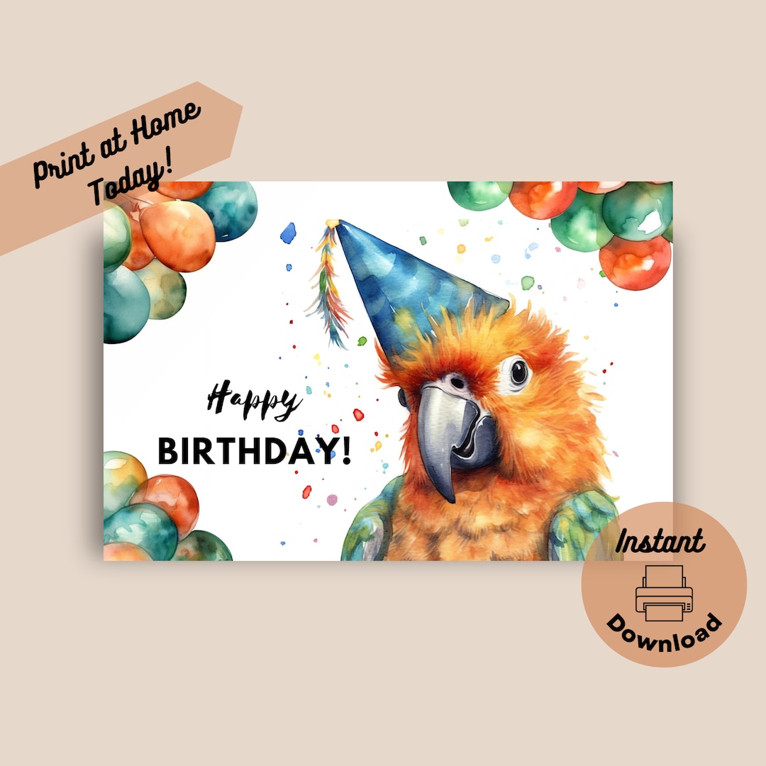 Printable Parrot Birthday Card, Instant Download, Print at Home Card ...