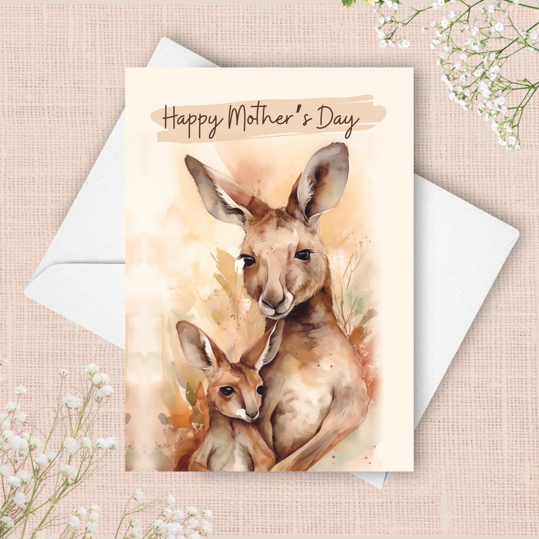 Mother Kangaroo Mothers Day Card, Kangaroo With Cute Baby Joey Card for ...