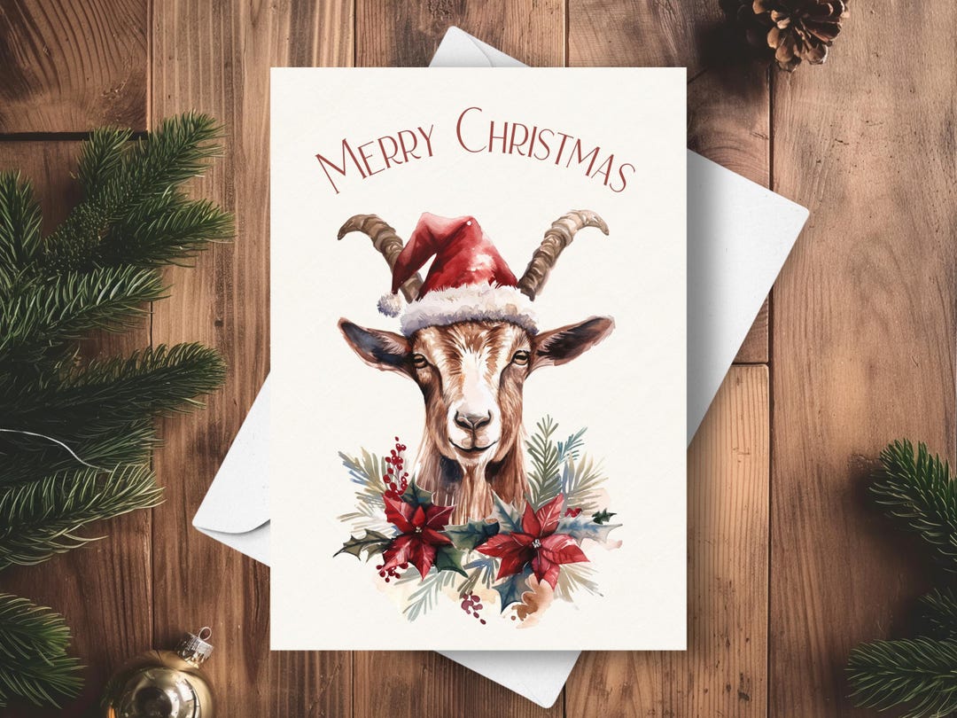 Goat Christmas Card, Wearing A Santa Hat and Red Poinsettia Garland ...