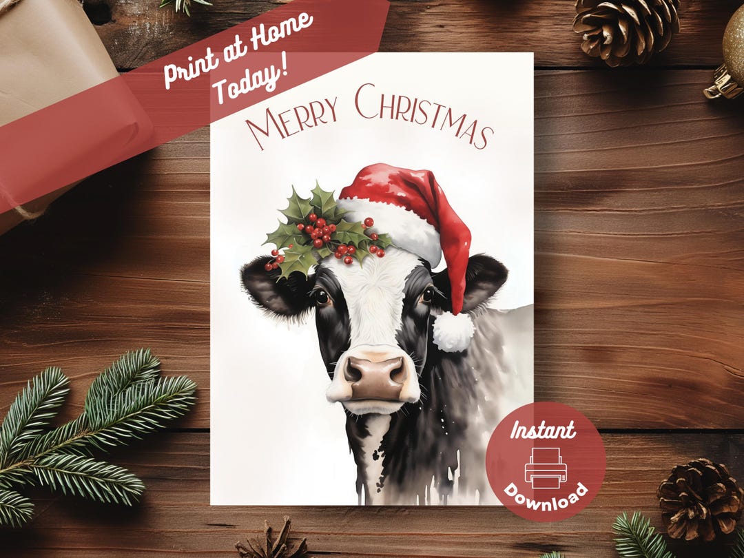 Printable Cow Christmas Card, Instant Digital Download Print at Home ...